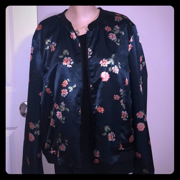 JustFab | Jackets & Coats | Nwt Navy Flowered Satin Bomber Jacket ...